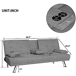 HCWORLD Sleeper,Modern Futon Sofa Bed, Couch Metal Legs and 2 Cup Holders Convertible Seat for Apartment Home Furniture-Gray