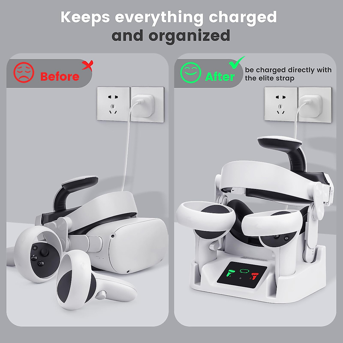 Lampelc Charging Dock for Oculus/Meta Quest 2, Compact Charging Station for VR Headset Controllers Magenetic Charging Stand, with LED Display, 2 Rechargeable Batteries, Support Elite Strap