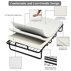 GORELAX Folding Bed with Mattress for Adults, Twin Size Small Portable Bed Set w/Metal Bed Frame & 4” Memory Foam Mattress, Foldable Bed Sleeping Cot Bed on Lockable Wheels, Rollaway Guest Bed