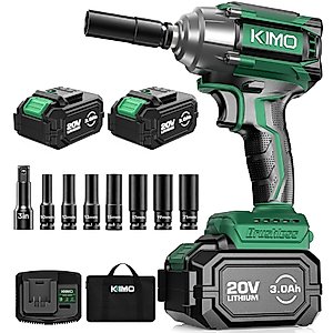 KIMO Impact Wrench 1/2 Cordless,475N.m/350ft-lbs Max Torque & 3000RPM, 2x20V 3.0Ah Battery, Impact Gun with 7 Drive Impact Sockets, 3 Inch Extension Bar, 1 Hour Fast Charger Impact Drill for Car Tires