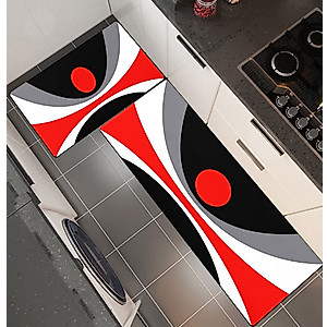 Red and Black Kitchen Rugs and Mats Abstract Art Kitchen Decor Set of 2 Kitchen Floor Mat Non-Slip Backing Washable Kitchen Rugs Set for Home Office Laundry (Red Black, 17"x29.5"+17"x47")