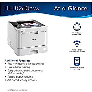 Brother Color HL-L8260CDW Single-Function Wireless Laser Printer, White - Print Only - 33 ppm, 600 x 2400 dpi, 8.5 x 14 Print Size, Auto 2-Sided Printing, Ethernet