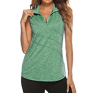 Tanst Sky Women's Golf Shirt, Sleeveless Pickleball Outfits for Women Moisture Wicking Quarter Zip Stretchable Tank Tops Ladies Solid Tennis Running Workout Athletic Activewear Dark Green Large