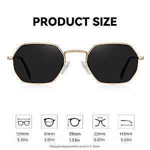 Fozono Small Octagonal Polarized Sunglasses for Women Men Classic Retro Trendy Metal Frame Polygon Sun Glasses (Gold/Grey)