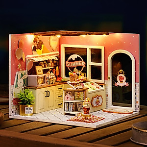 TuKIIE DIY Miniature Dollhouse Kit with Furniture, 1:24 Scale Creative Room Mini Wooden Doll House Accessories Plus Dust Proof for Kids Teens Adults(Ice Cream Shop)