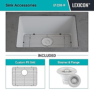 23" x 18" Quartz Kitchen Sink, Single Bowl Kitchen Sinks, Drop in Kitchen Sink, Granite Composite Kitchen Sink, Undermount Sink, Galaxy White Kitchen Sink, Includes Grid, Strainer, Flange, LP-2318-W