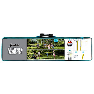 Franklin Sports Family Volleyball & Badminton Combo Set - Portable Backyard + Beach Volleyball + Badminton Net - Volleyball, Rackets & Birdie Included - Family