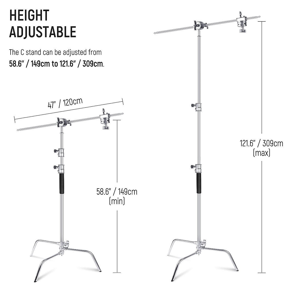 NEEWER C Stand with Boom Arm & Sliding Legs, Pro 100% Stainless Steel Stand Max Height 10.13ft/309cm with 3.9ft/120cm Arm & 2 Grip Heads for Photography Umbrellas, Reflectors, Softboxes and Monolights