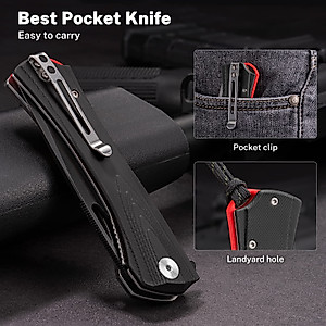 KEXMO Pocket Knife for Men - 3.62" Sharp D2 Blade G10 Handle Folding Pocket Knife with Clip - EDC Knife for Tactical Survival Camping Hunting Hiking Gift for Men Dad Husband Women, Black