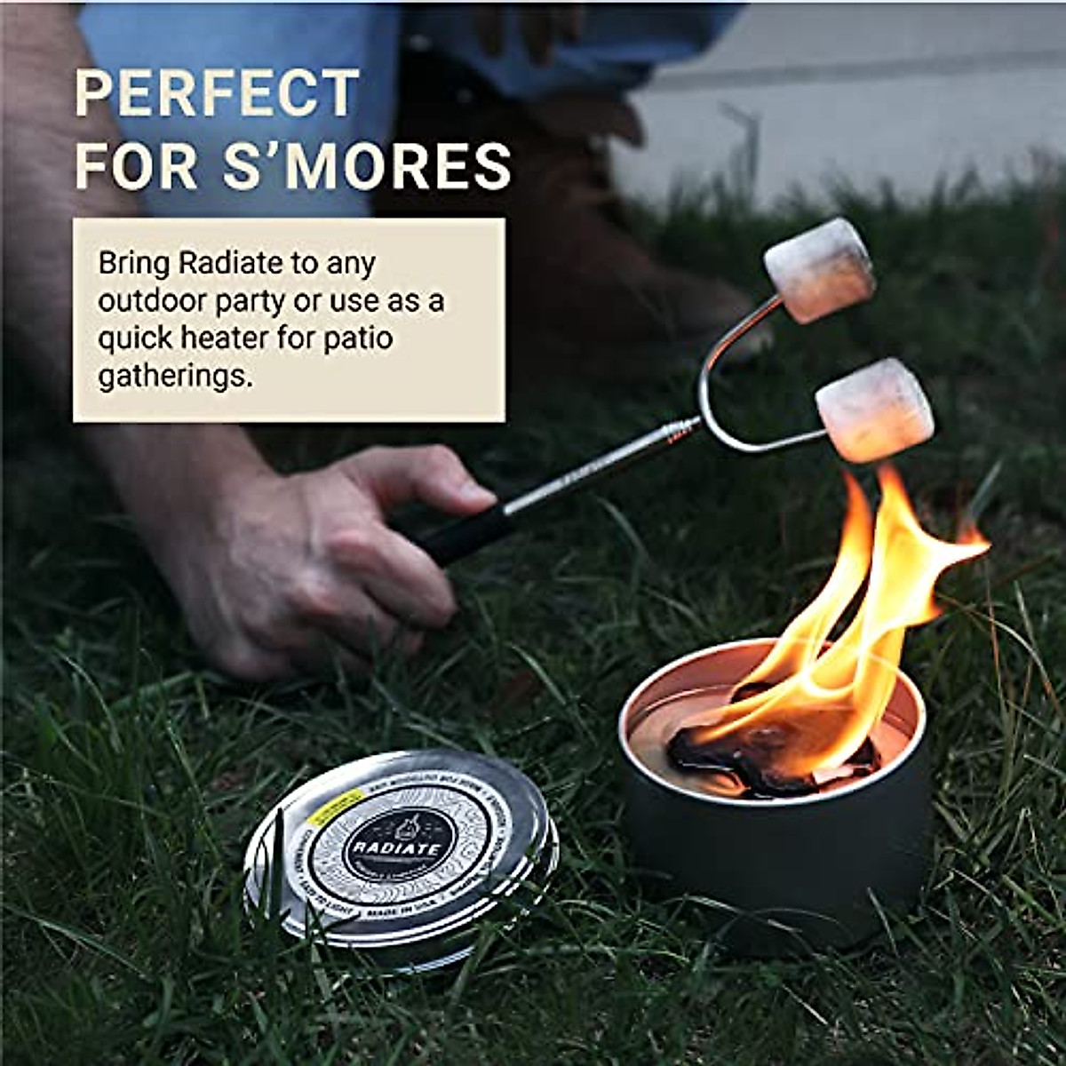 Radiate - 4 Pack Outdoor Portable Campfire - 3 Hours of Warmth and Burn Time - 4” Reusable Fire Pit for Camping, Smores, Cooking, and Picnics - Recycled Soy Wax
