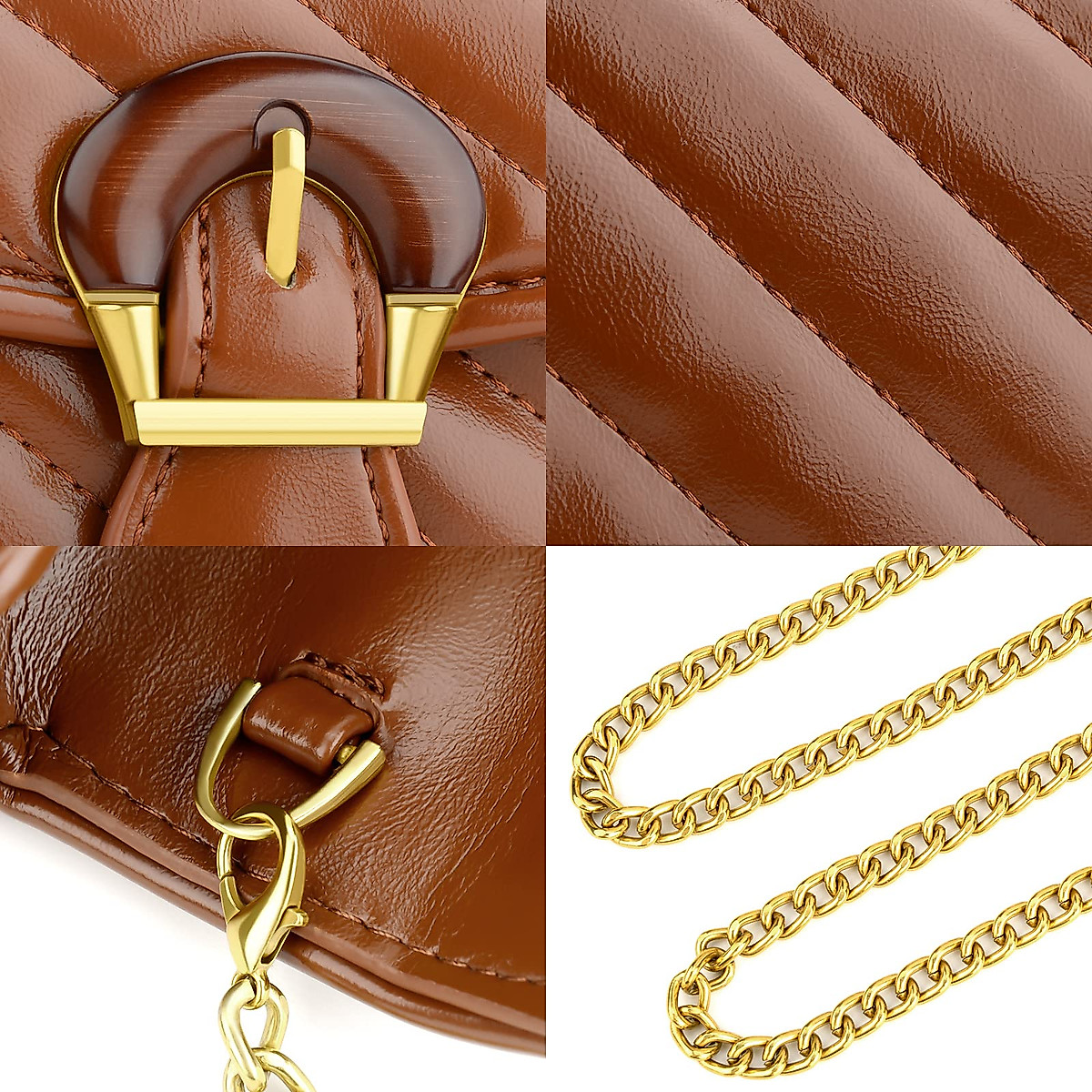 Linkidea Mini Quilted Crossbody Bag for Women, Lattice Brown Shoulder Small Purses, Vegan Leather Cute Cellphone Clutch Evening Handbags with Fashion Chain Strap