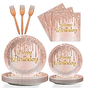 96 Pieces Happy Birthday Tableware Set for Pink Rose Gold Birthday Table Decorations Supplies Rose Gold Birthday Dessert Plates Napkins Forks for Women 24 Guests Birthday Disposable Party Favors