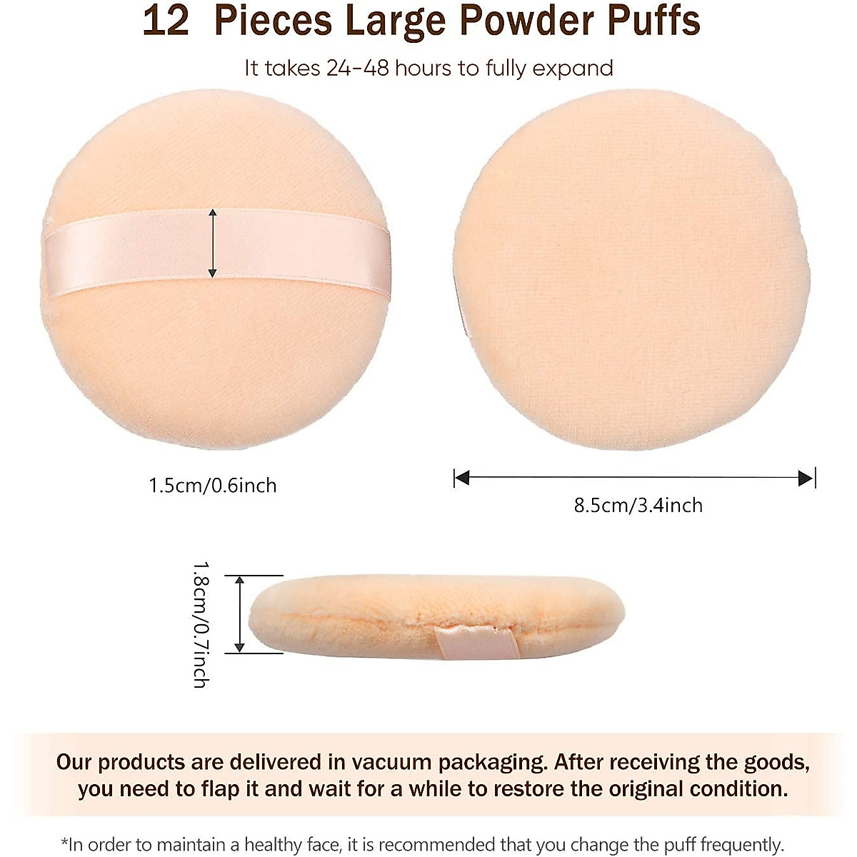 12 Pieces Cotton Powder Puffs Round 3.4 inch Makeup Puffs Pads with Strap, Washable Large Face Body Powder Puffs for Loose Mineral Powder (Champagne-colored, 3.4 Inch)