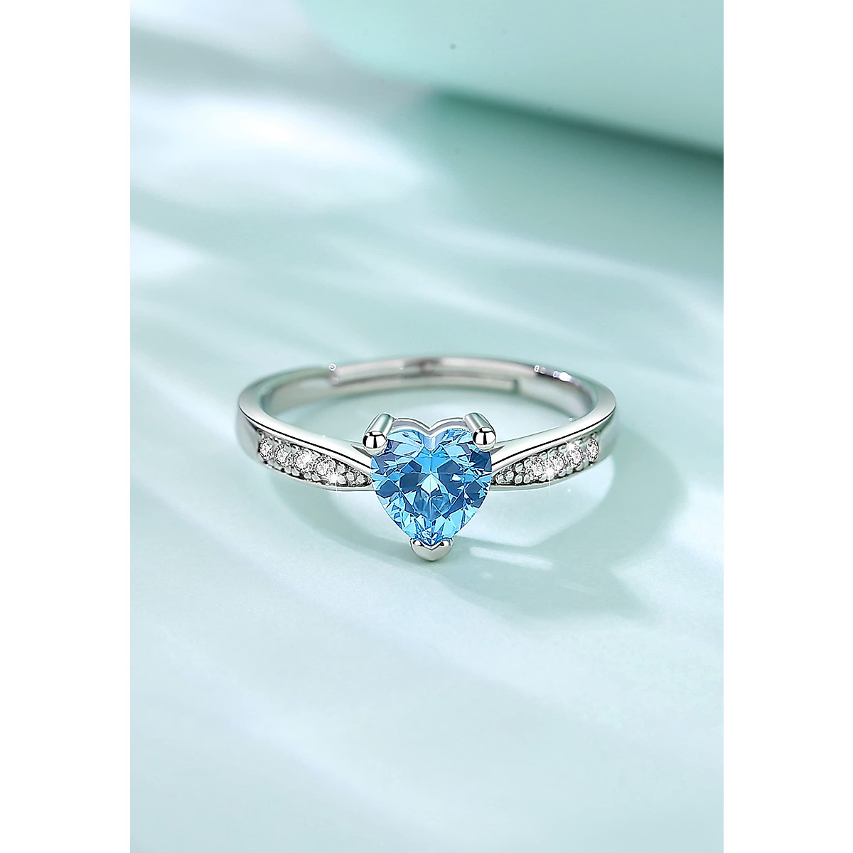 Vito 925 Sterling Silver Birthstone Rings for Women, Adjustable Open Heart Cubic Zirconia March Birthstone Ring Birthday Month Jewelry Gift for Mom Wife Daughter