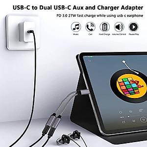 USB C Splitter, 2in1 Type C Audio Adapter , Dual USB C Headphone and Charger PD 27W Fast Charging Support Call Music for Pixel 4 3 XL, Galaxy S21 S20+ S20 Note 20 10, Xperia (Not fit Moto &Oneplus)