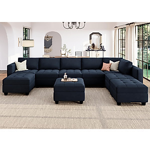 HONBAY U Shaped Modular Sectional Couch with Storage Velvet Sectional Couches for Living Room Blue