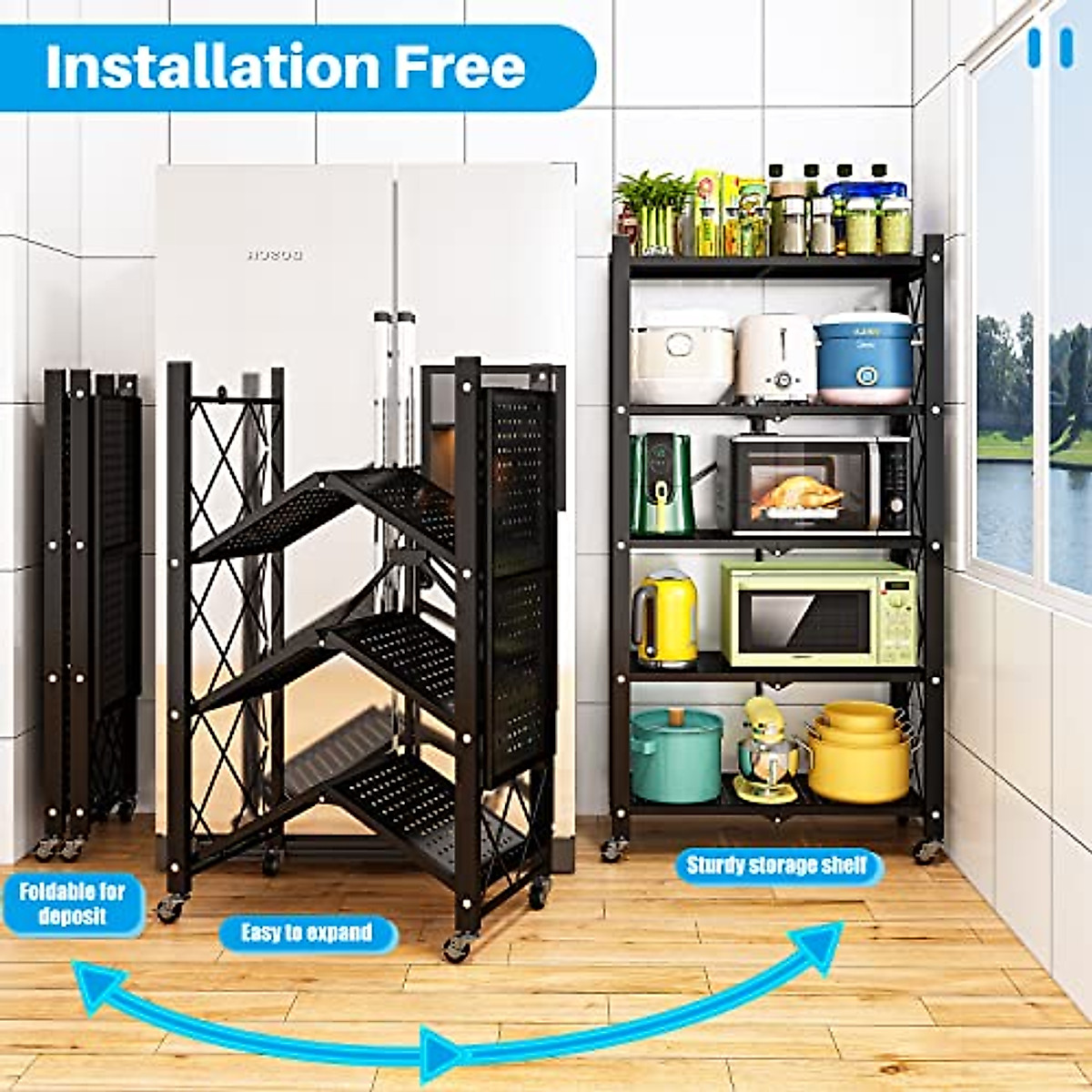 YKLSLH 5-Tier Collapsible Shelves Heavy Duty Folding Shelves Storage Rack with Wheels Portable Storage Shelving Unit for Garage Kitchen Holds up to 1250 lbs Capacity, Black