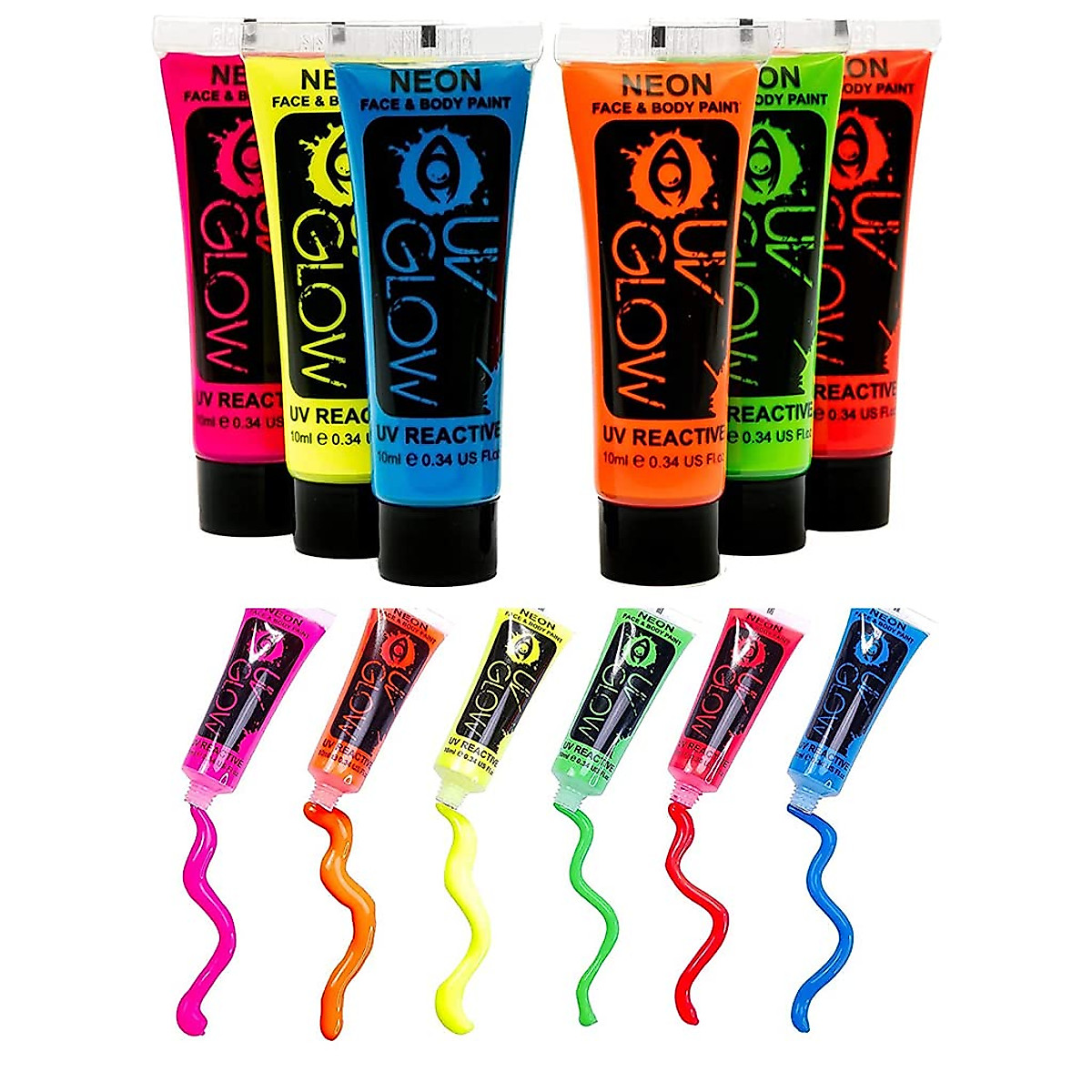 Quiet&Far Body Paint Set with tubes 24 x 25 ml / 1 fl oz Neon Glow in the dark paint face paint Blacklight Reactive Fluorescent Paint Non-Toxic