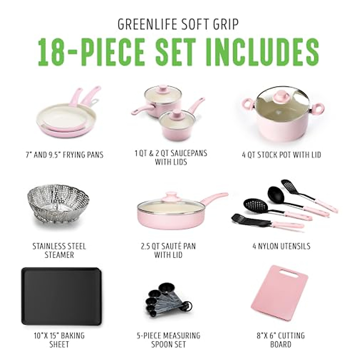 GreenLife Soft Grip Healthy Ceramic Nonstick 18 Piece Kitchen Cookware Pots and Frying Sauce Saute Pans Set, PFAS-Free with Kitchen Utensils and Lid, Dishwasher Safe, Soft Pink