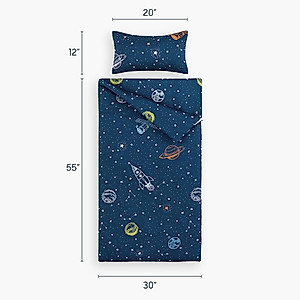 Wake In Cloud - Sleeping Bag Zippered, Nap Mat with Matching Pillow for Kids Boys Girls Sleepover Overnight Travel Slumber Bag, Rockets Stars Galaxy Space Planet on Navy Blue, 100% Soft Microfiber