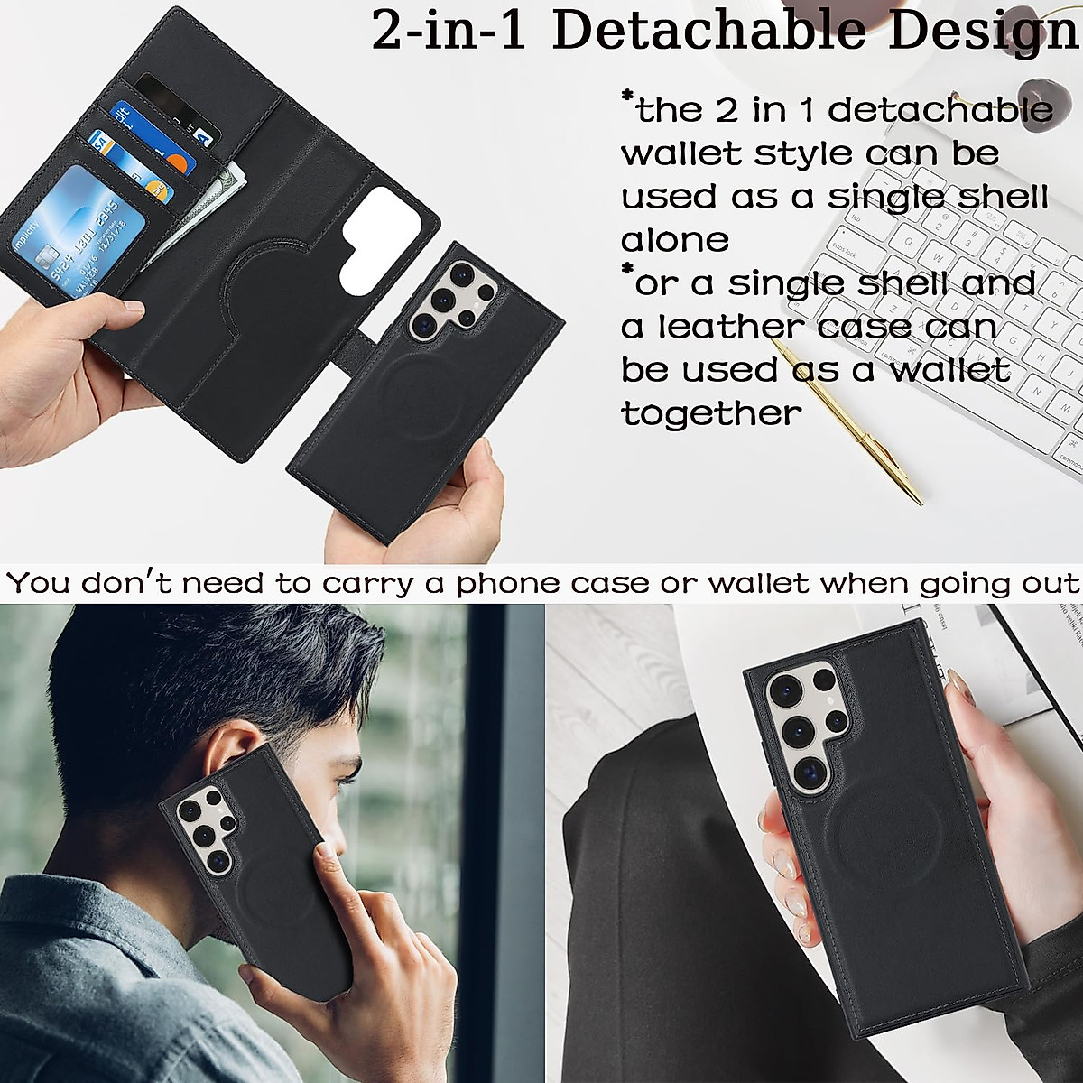 Ｈａｖａｙａ for Samsung Galaxy S23 Ultra Case Wallet magsafe Compatible Galaxy S23 Ultra Wallet case with Card Holder Detachable Magnetic flip Leather Cover for Men and Women-Black