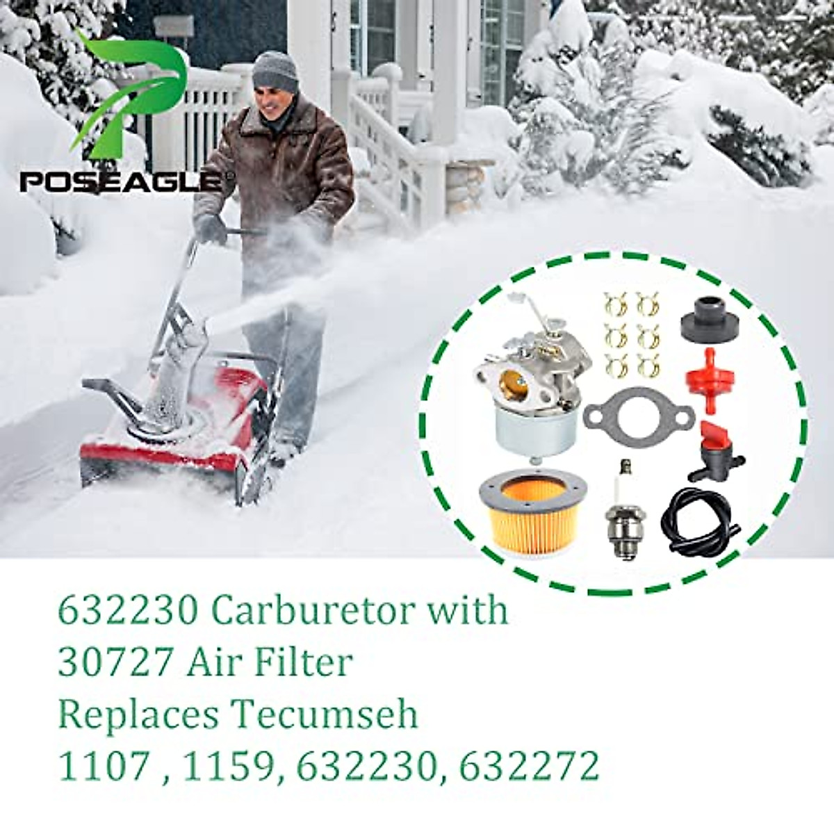 POSEAGLE 632230 Carburetor with 30604 Air Cleaner Replaces 632230, 632272, 632631, 631067, 631067A, 631828, 632235 for Tecumseh H30, H50, H60, HH60, HH70 Engines
