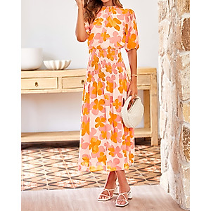 PRETTYGARDEN Women Summer Casual Ruffle Mock Neck Dress 2023 Short Sleeve Smocked Slit Boho Floral Midi Beach Dresses(Floral White Yellow,Large)