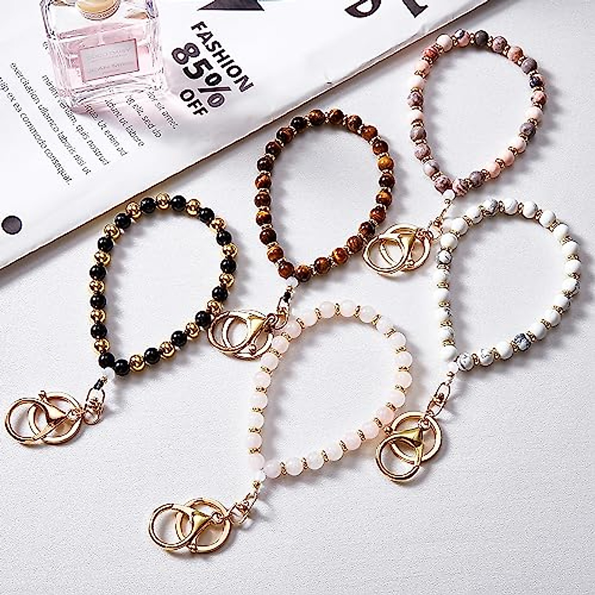 Lostars Key Chain Keychain Wristlet Marble Beaded Keychain Bracelet 14k Gold Plated Keychain Bracelet Key Chains for Car Keys (Pink)