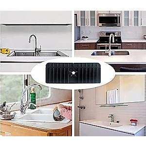 Silicone Faucet Handle Drip Catcher Tray，Sink Protectors、Sponge Holder、Splash Guard for Kitchen Sink Accessories Mat-Upgraded Ramp Pads Make It Easier for Water Droplets to Drain Away (Black)