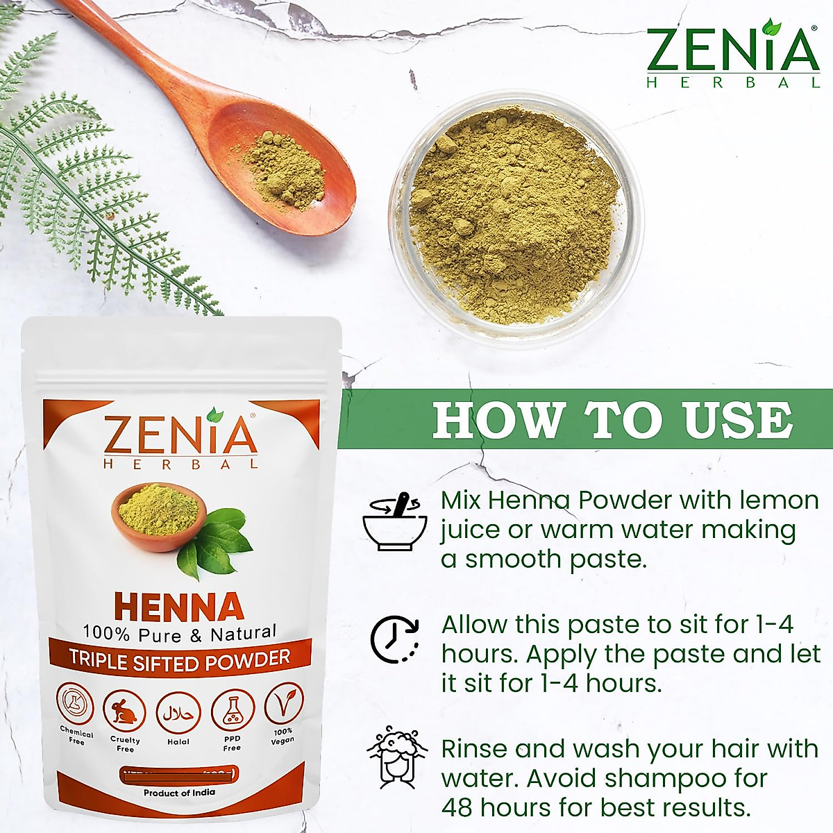 Zenia 100% Pure & Natural Henna Powder (Lawsonia Inermis) | 100 grams (3.5 oz) | Orange-Red Hair Color | Triple Sifted | Fresh from Rajasthan | No Chemicals, No Additives