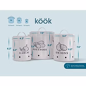 KooK Potato, Onion & Garlic Kitchen Storage Canisters, Rustic Farmhouse Containers with Aerating Holes, Vintage Vegetable Tins, Set of 3, 5 Liter, 2 Liter & 1 Liter (Slate Grey)