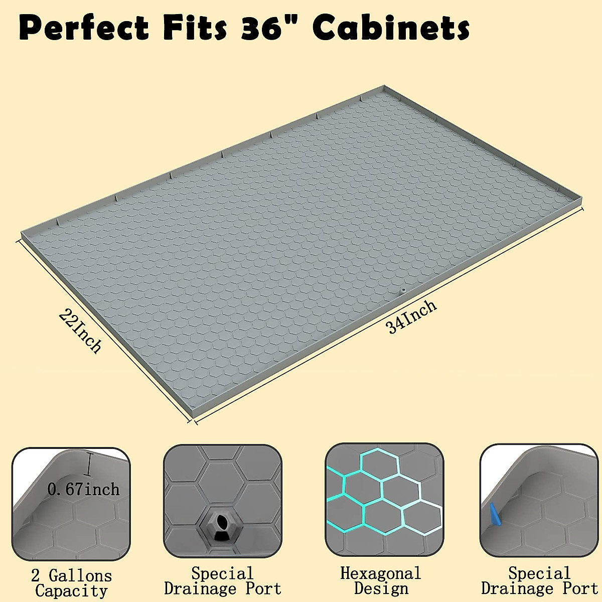 Under Sink Mat Waterproof, Under Sink Liner with Drain Hole, Kitchen Bathroom Silicone Cabinet Liner Hold up to 3.3 Gallons Liquid (Grey), Gray, 34 inches * 22 inches * 1 inches
