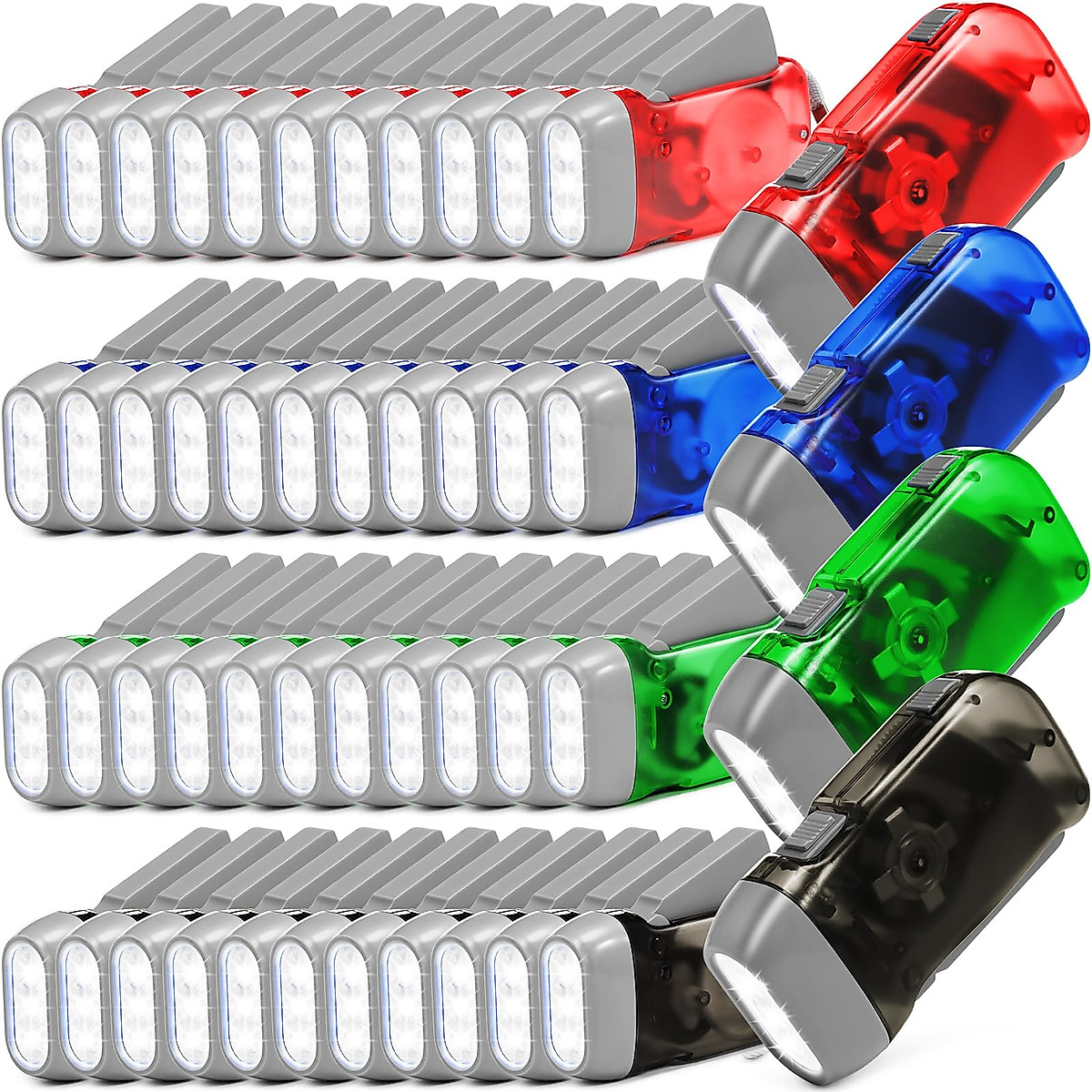 48 Pcs Hand Crank Flashlight No Battery Required Torch Light Manual Press Flashlight 3 LED Light Squeeze Flashlight for Shoeboxes Camping Hiking(Green, Gray, Blue, Red)