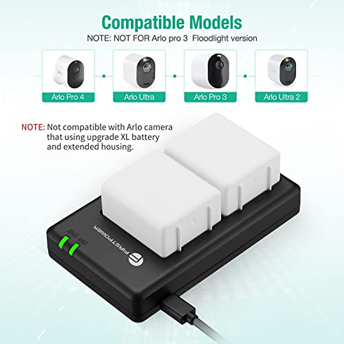 FirstPower Rechargeable Arlo A-4a Battery 2-Pack 5200mAh and Dual USB Charger VMA5400 Compatible with Arlo Ultra, Arlo Ultra 2, Arlo Pro 3 and Arlo Pro 4 Cameras