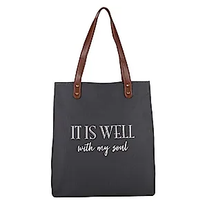 Creative Brands Joyful Expressions Charcoal Grey Canvas & Leather Tote, 13.5 x 16-Inch, It is Well