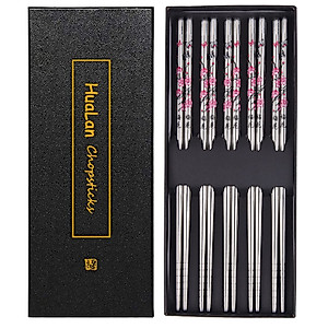 HuaLan Stainless Steel Chopsticks, Metal Alloy Chopstick, Reusable Non-slip Design Chop Sticks, 5 Pairs Gift Set,Plum Pattern Design