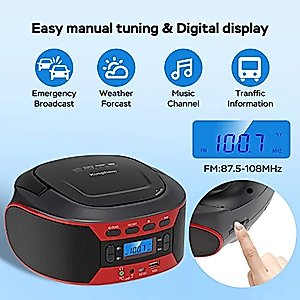 Kuephom CD Player Boombox:Bluetooth CD Player with Speakers Stereo,Radio CD Players for Home with USB and AUX,Portable Enabled with Batteries,FM Manual Tuning LCD Display with Backlight.