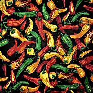SAL TEX FABRICS, Colorful HOT CHILIS Poly Cotton Print Fabric White Background OR Black Background, Sells by The Yard (Black)