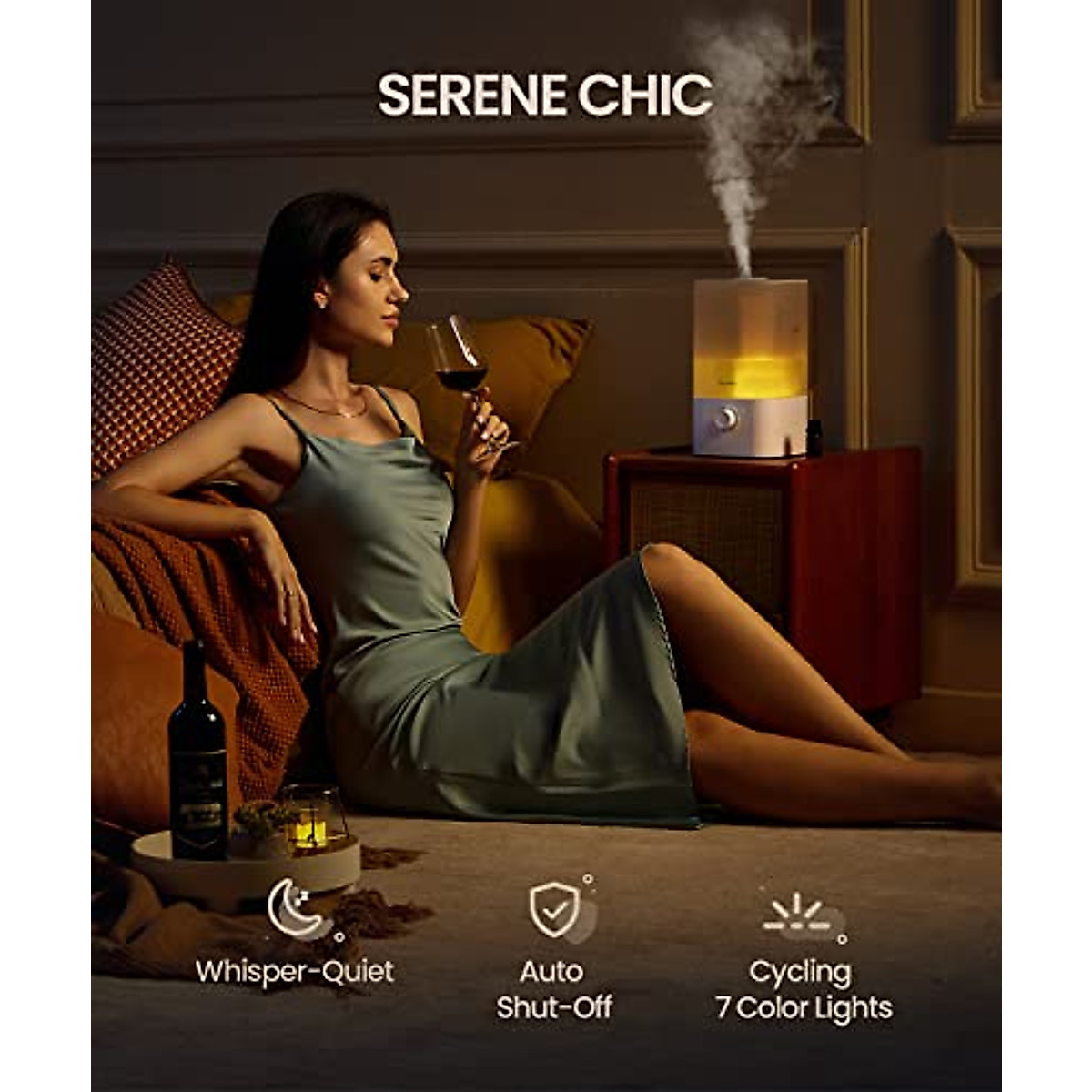 raydrop Humidifiers for Bedroom, 2.5L Top Fill Cool Mist Humidifiers for Home, Large Room, Baby, and Plant, Essential Oil Diffuser with Cycling 7 Color Lights, 360° Nozzle, Auto Shut-Off, White