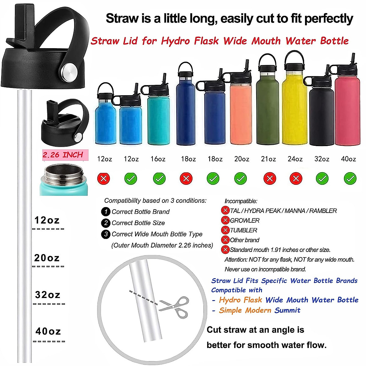 Straw Lid for Hydroflask 12 16 18 20 32 40 oz Wide Mouth,Replacement Straw Cap for Hydroflask,Top Sport Bottle Accessories, Black