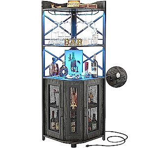 Aheaplus Corner Bar Cabinet with Power Outlet, Industrial Wine Cabinet with LED Strip and Glass Holder, 5-Tiers Liquor Cabinet Bar Unit for Home, Corner Display Cabinet for Small Space, Grey Oak
