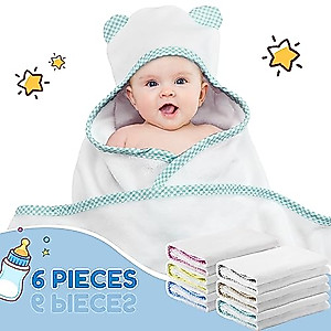 Oudain 6 Pieces Hooded Baby Towels Baby Bath Towel with Ears Hooded Soft Absorbent Coral Fleece Newborn Towels 30 x 30 Inch Infant Towels Toddler Bath Blanket Towels Supplies