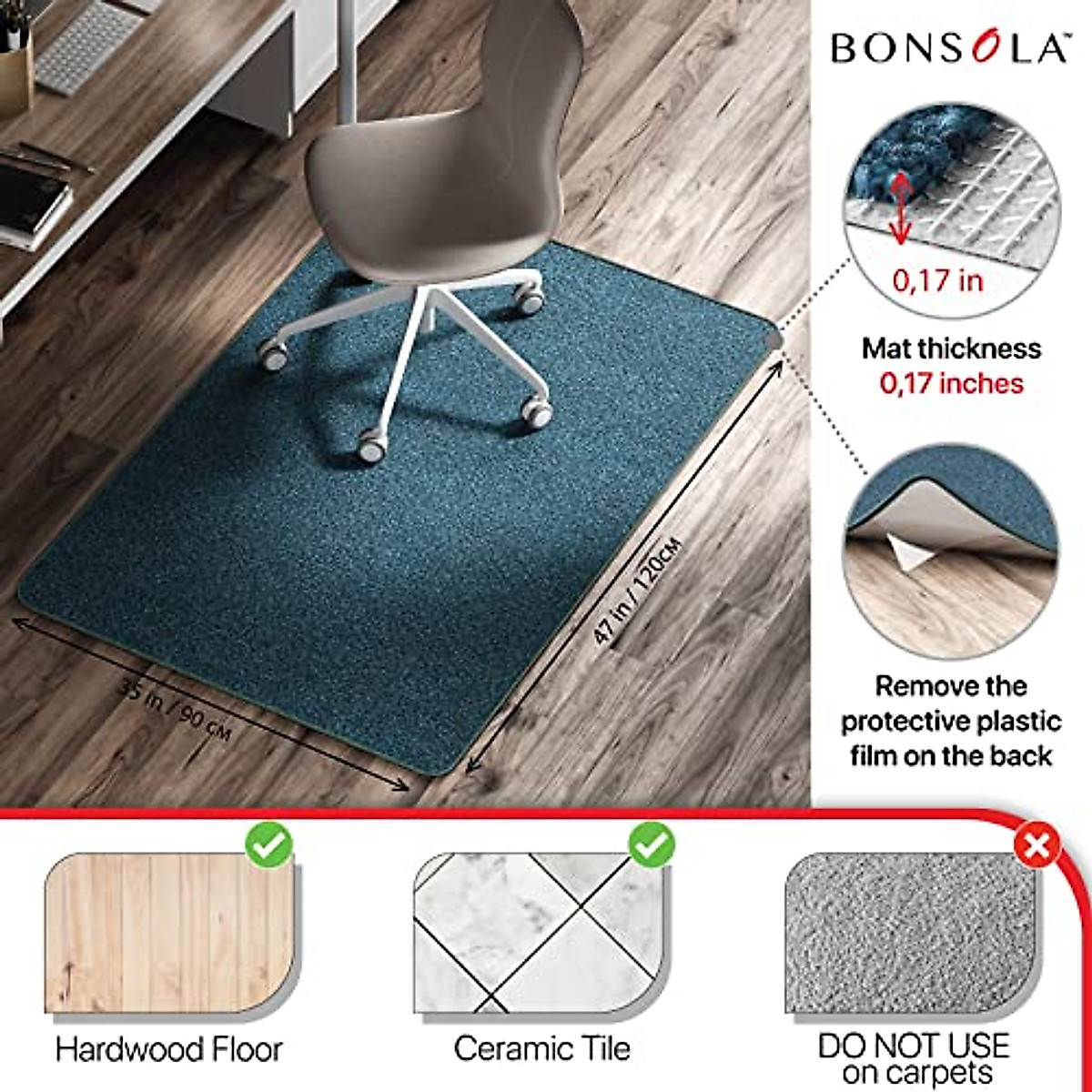 Bonsola Office Chair Mat for Hardwood and Tile Floor, 35''x47'', Multi-Purpose Loop-Pile Chair Mats 0.17’’ Thick, Desk Chair Mat Non-Slip Protector Hard Floors, Floor Mats for Home Office, Blue