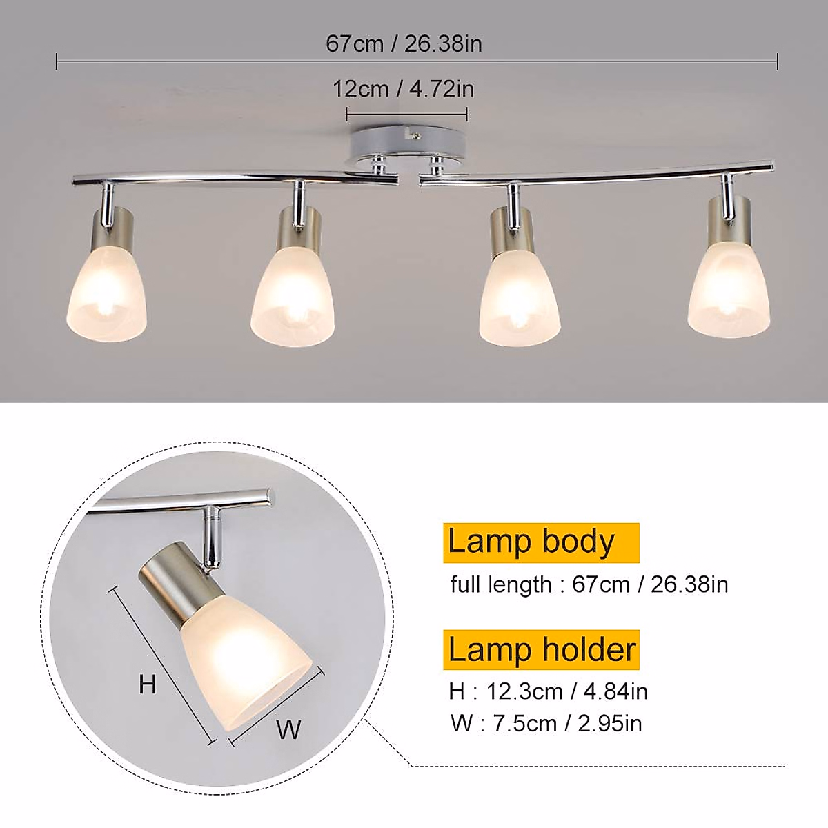 DLLT Led Track Light, 4-Light Foldable Spot Lights Fixtures with Glass Shade, Wall Accent S-Shaped Tracking Ceiling Lighting for Kitchen, Office, Bedroom, Hallway, E12 Base, Bulbs Not Included
