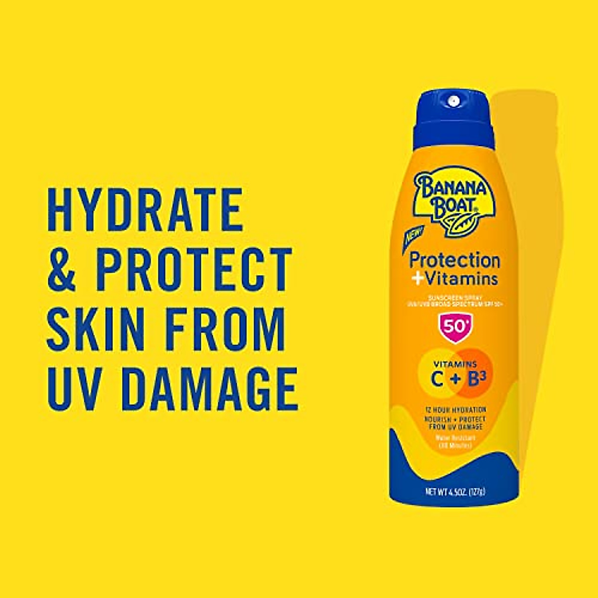 Banana Boat Protection + Vitamins Sunscreen Spray SPF 50 | Moisturizing Sunscreen with Vitamin C & Niacinamide | Banana Boat Spray Sunscreen, Vitamin B3 & Vitamin C Sunscreen, 4.5 oz.