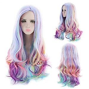 AGPTEK Full Long Curly Wavy Rainbow Hair Wig, Heat Resistant Wig for Music Festival, Theme Parties, Wedding, Concerts, Dating, Cosplay & More