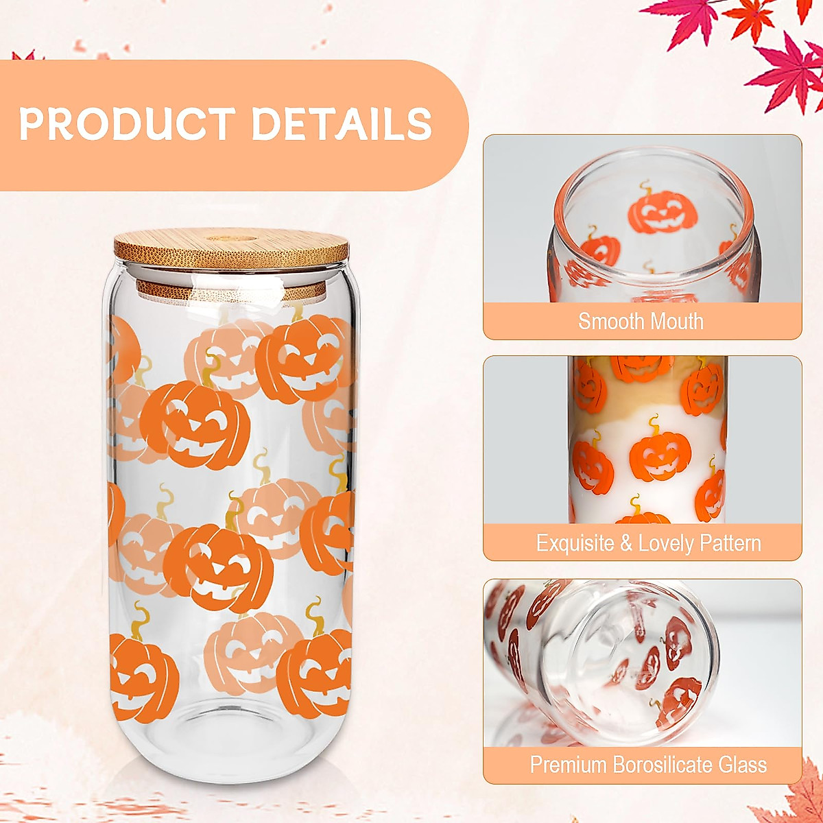 ANOTION Fall Glass Cups with Lids and Straws - Autumn Thanksgiving Halloween Gifts for Women - 2 Pack 18oz Fall Smile Pumpkins Mug, Pumpkin Glass Jar Drinking Glasses Iced Coffee Cup, Halloween Decor