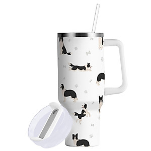 MCHIVER Border Collie 40 oz Tumbler with Handle and Straw Stainless Steel Vacuum Water Bottle Leak-proof Travel Coffee Mug Insulated Water Bottle for Home Car Office