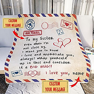 Personalized Air Mail Letter to My Sister Throw Blanket, Gift to My Big Sister from Little Brother,Customized Name,Gift to My Sister Blanket from Brother,Custom Blanket for Birthday, Christmas