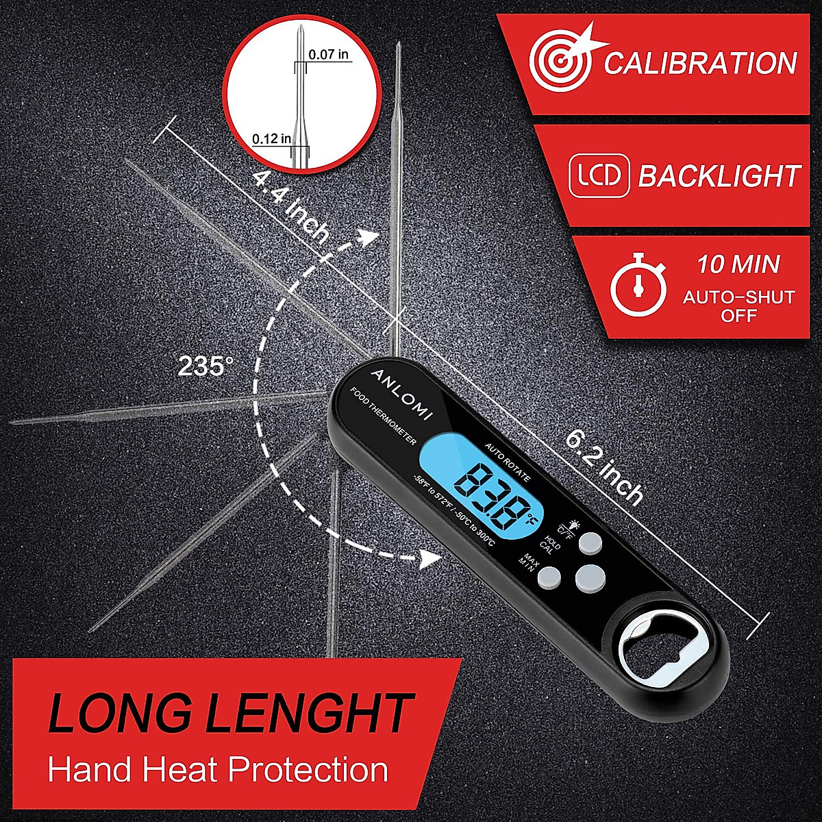 Instant Read Waterproof Meat Thermometer – Digital Kitchen Food Thermometer for Cooking, Foldable Probe Thermometer for Grilling BBQ Smoker Baking Candy. (Black)